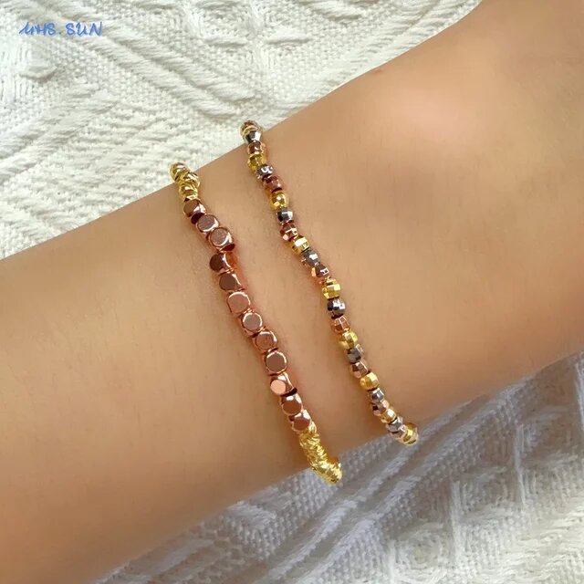 Браслет MHS.SUN из трехцветных бусин неправильной формы, модный эластичный браслет из металлических бусин диаметром 3 мм, высококачественное украшение для мужчин и женщин, подходит для повседневного ношения.