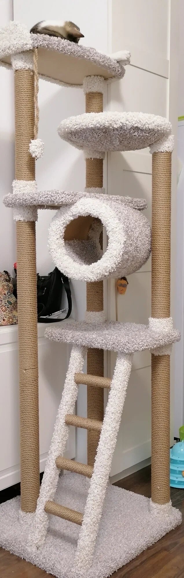 Игровой комплекс с гамаком, тоннелем и лежанками из ковролина , для кошки , высота 170 см , цвет белый и серый