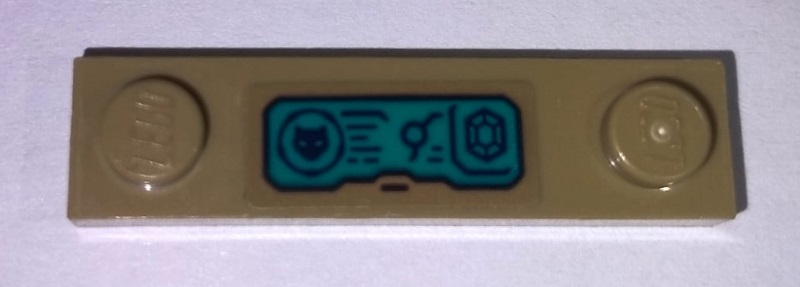 Plate, Modified 1 x 4 with 2 Studs without Groove with Cat Head, Lines, and Gem / Jewel on Dark Turquoise Control Panel Pattern (Sticker) - Set 76101, 92593pb046 Dark Tan U