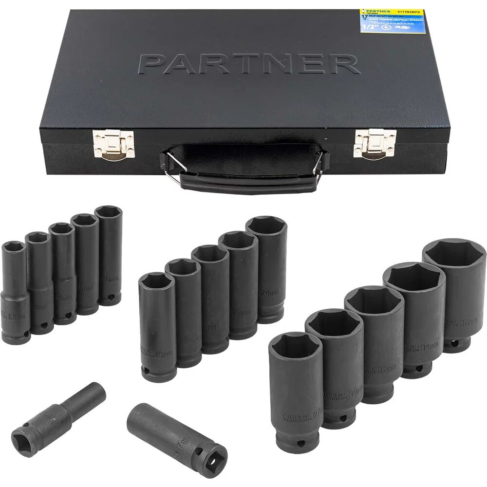 Набор головок ударных глубоких 17 предметов, 1/2"DR (10, 12-19, 21, 22, 24, 27, 30, 32, 34, 36 мм) в кейсе Partner PA-417782MPB(15212)