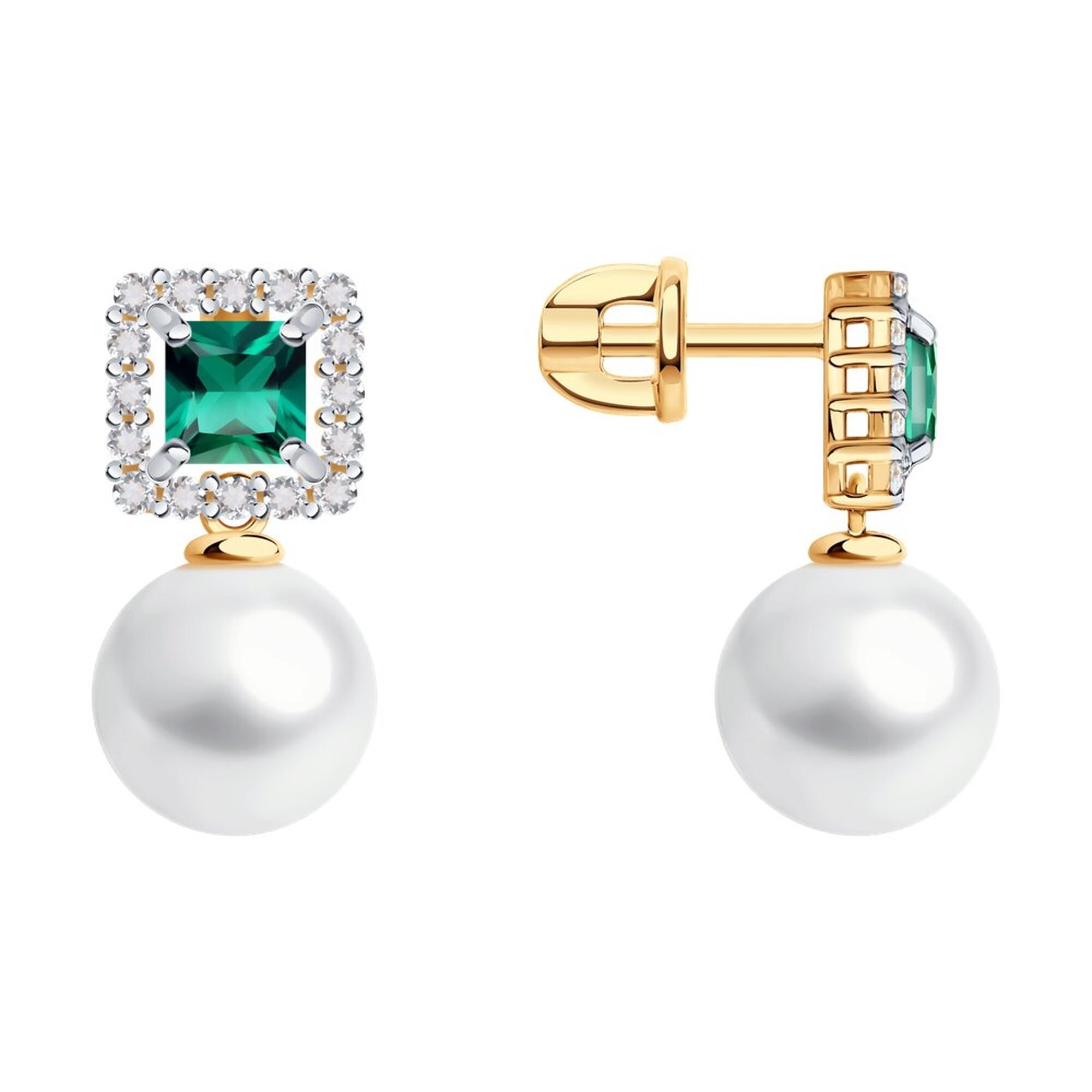 Серьги, красное золото, 585 проба, жемчуг, сапфир, изумруд синтетический