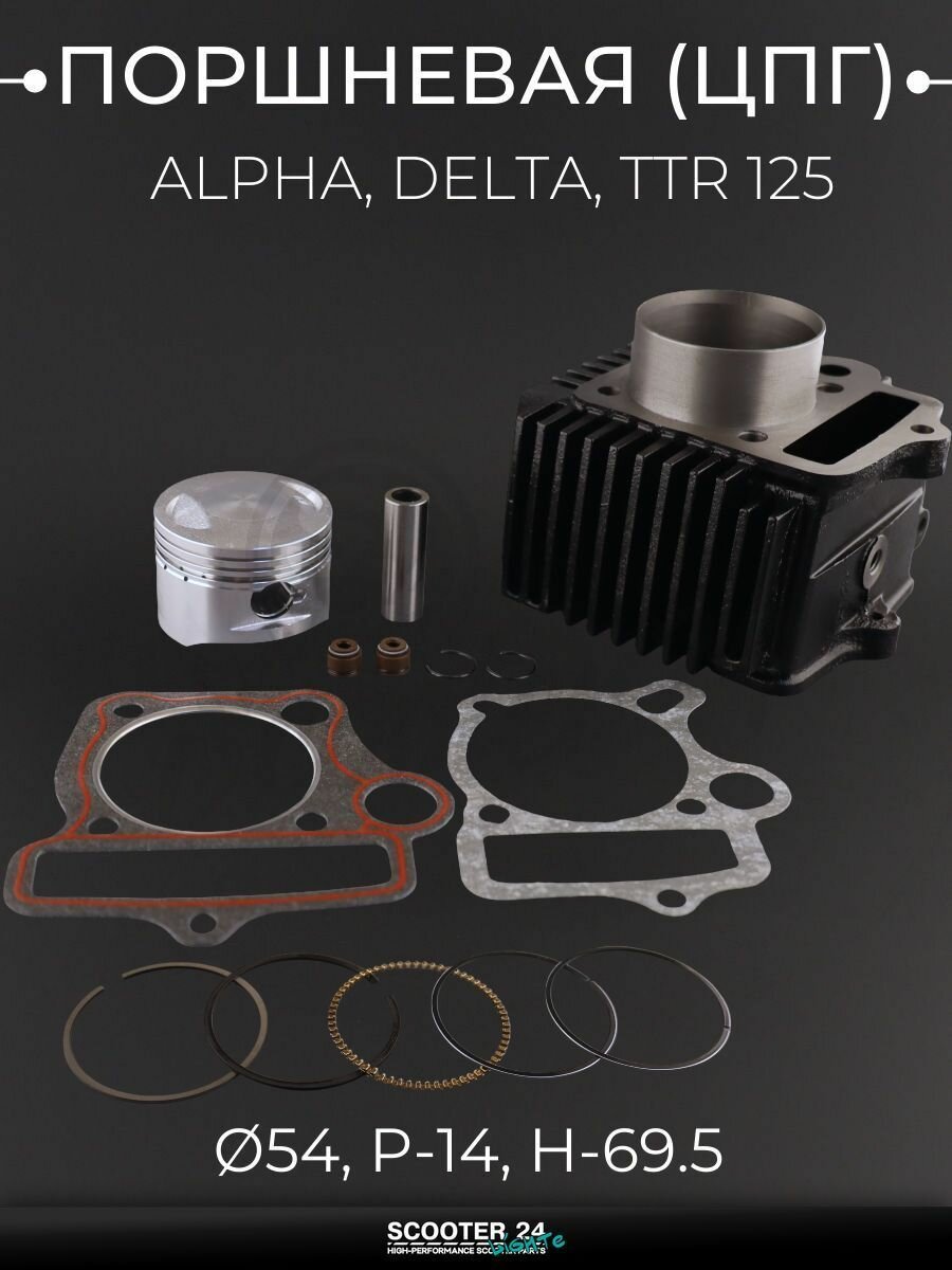 Поршневая группа ЦПГ на мопед и мотоцикл на мотоцикл и мопед Alpha, Delta / Альфа Дельта, TTR 125 кубов / Альфа, Дельта, ТТР, d 54, p 14, h 69.5 154FMI "BEEZMOTO"