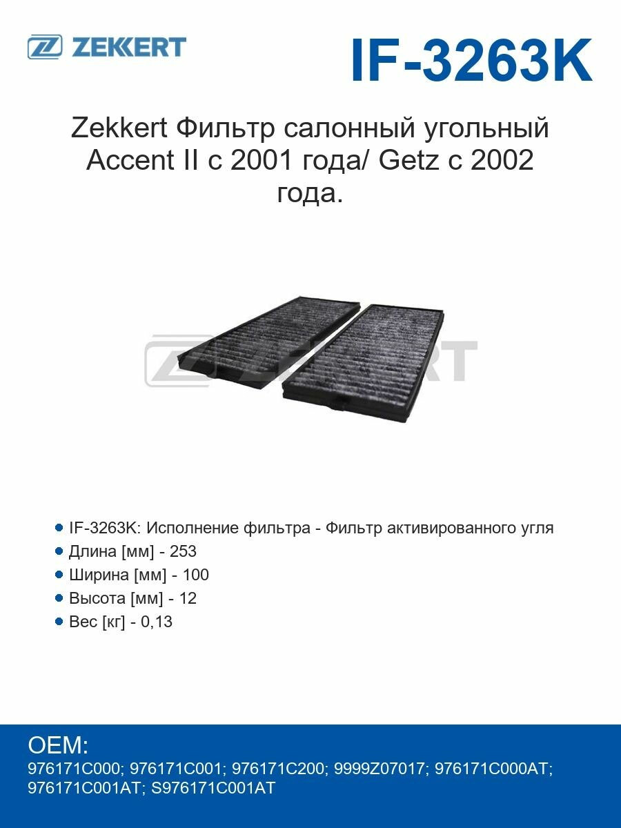 Zekkert Фильтр салонный угольный Accent II с 2001 года/ Getz с 2002 года.