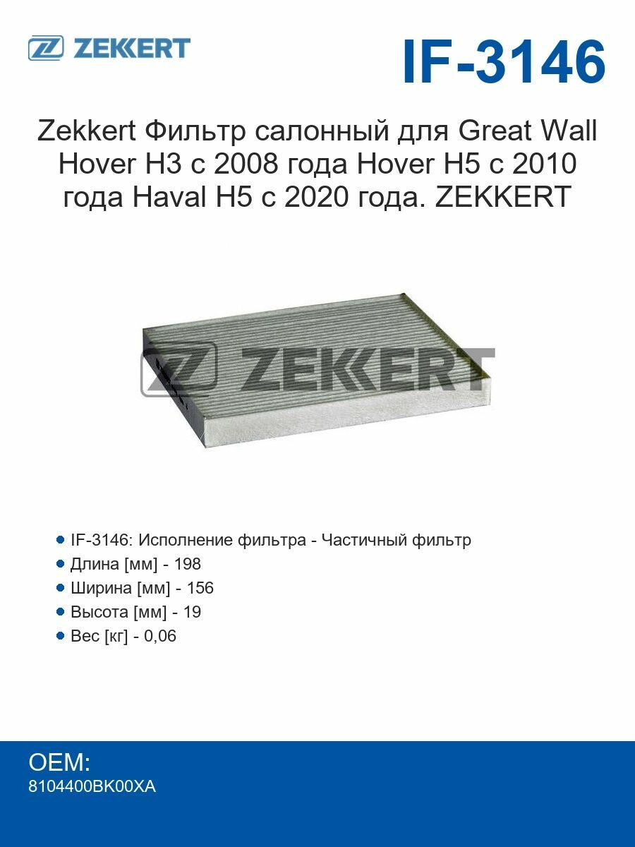Zekkert Фильтр салонный для Great Wall Hover H3 с 2008 года Hover H5 с 2010 года Haval H5 с 2020 года. ZEKKERT