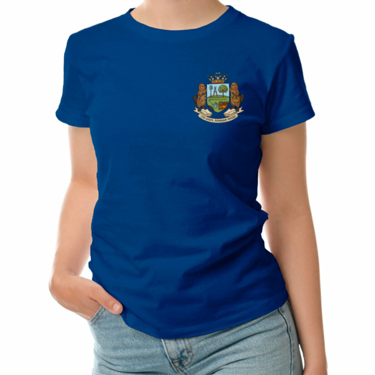 Женская футболка «огородник садовник дачник герб дачника сею добро» (темно-синий, L)