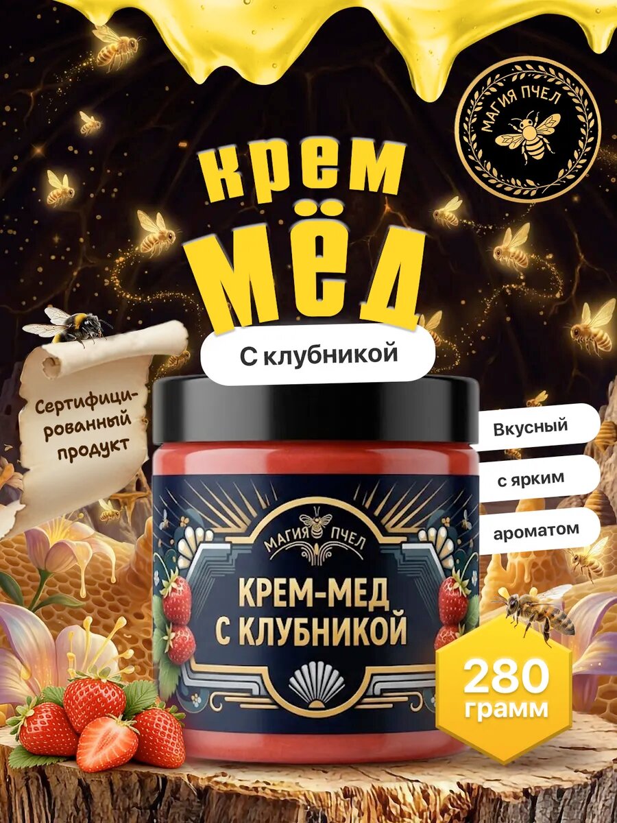 Крем-мед с клубникой, 280 гр, сбор 2025г, сертифицирован, "Магия пчел"