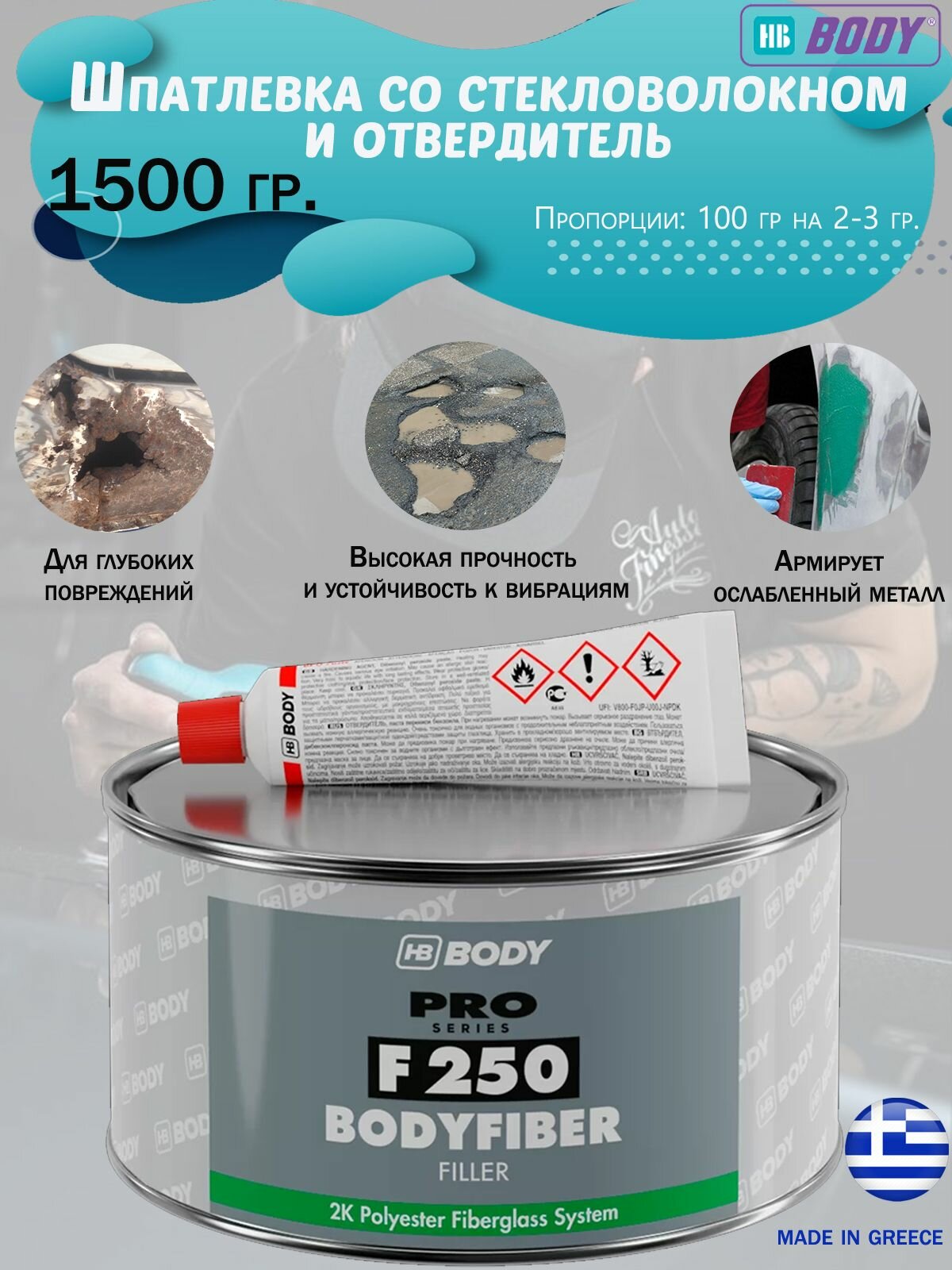 Шпатлевка HB BODY "PRO F250 "FIBER", со стекловолокном, банка, 1.5 кг.