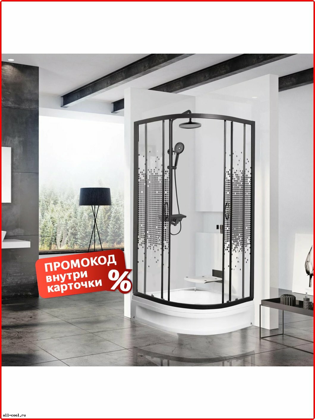 Душевой уголок Мономах Gabriele 80x80, четверть круга, узорчатое, черный, раздвижные, без поддона в комплекте