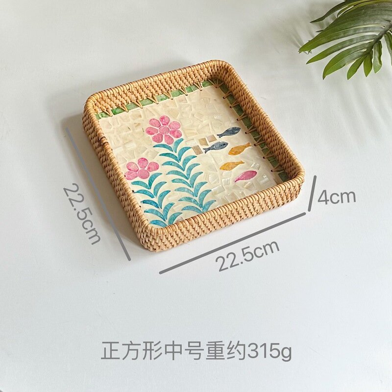 Вьетнамская плетеная тарелка из ротанга с цветными ракушками, скандинавский креативный ручной работы, декоративная тарелка для фруктов, поднос для хранения украшений, поднос для чая, квадратная тарелка
