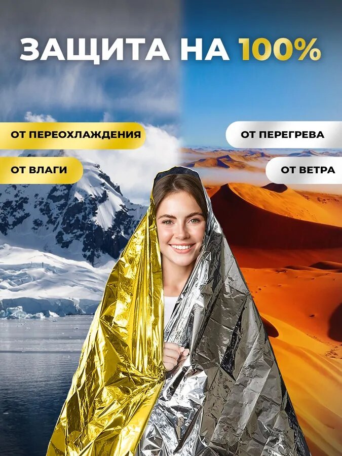 Термоодеяло спасательное 1 шт для обертывания многоразовое AMFOX одеяло изотермическое туристическое с подогревом