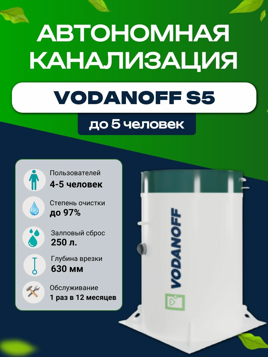Септик Vodanoff S5 для дачи и дома, до 5 человек, залповый сброс 250 л.