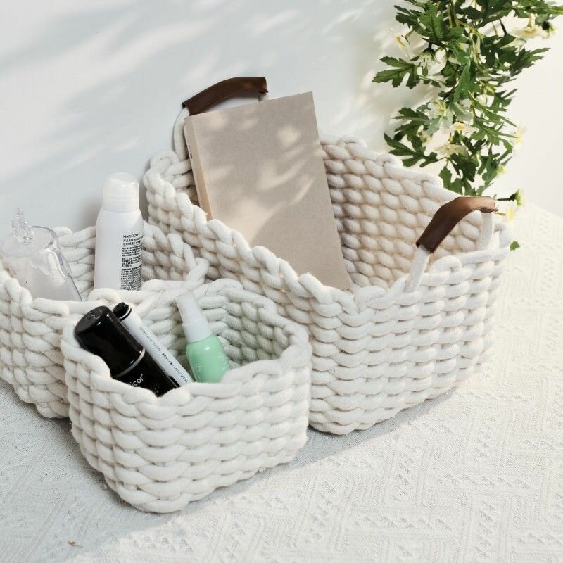 Корзина для хранения из хлопкового каната INS, настольная, для ключей, пультов, косметики, прикроватная, с ручкой, плетеная корзина для хранения