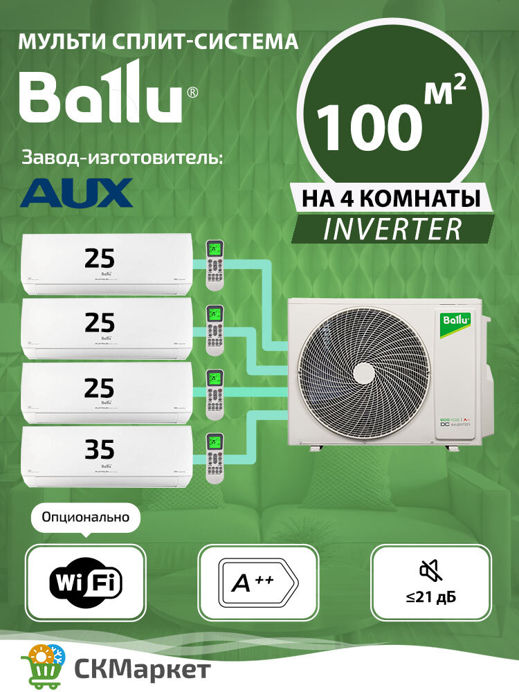 Мульти сплит система на 4 комнаты (25+25+25+35) кв. м. Ballu Platinum Evolution BSUI-FM/in-09х3+BSUI-FM/in-12/ BA4OI-FM/out-36HN8/EU, для помещений 110 кв. м, кондиционер инверторный, цвет белый
