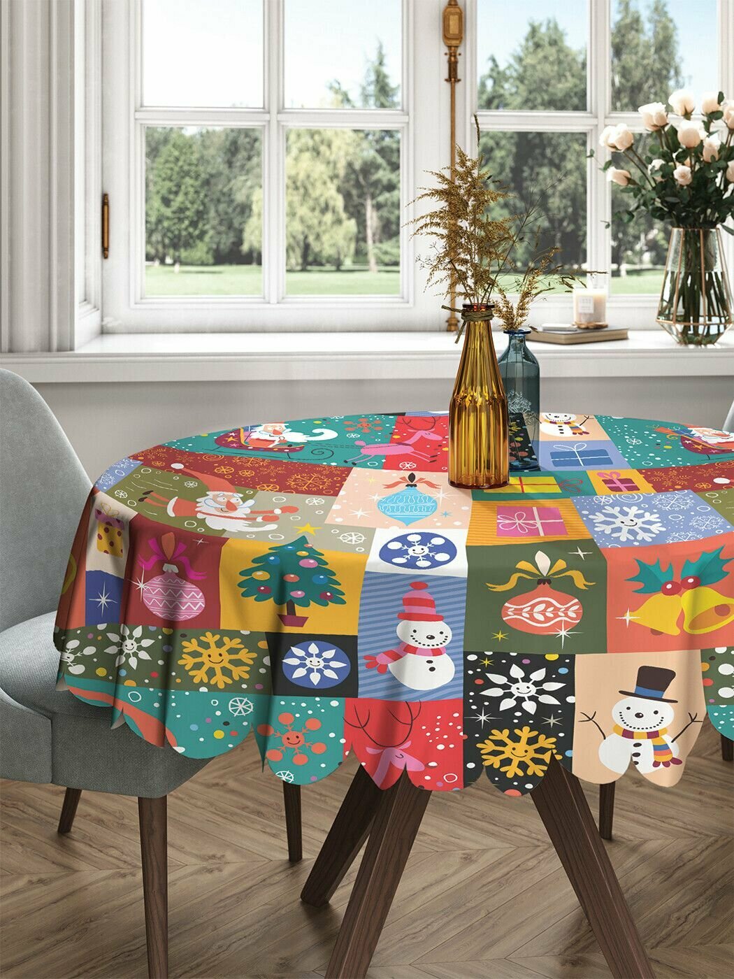 Скатерть на круглый стол с рисунком "Встречай новый год", JoyArty, 150х150 , JoyArty