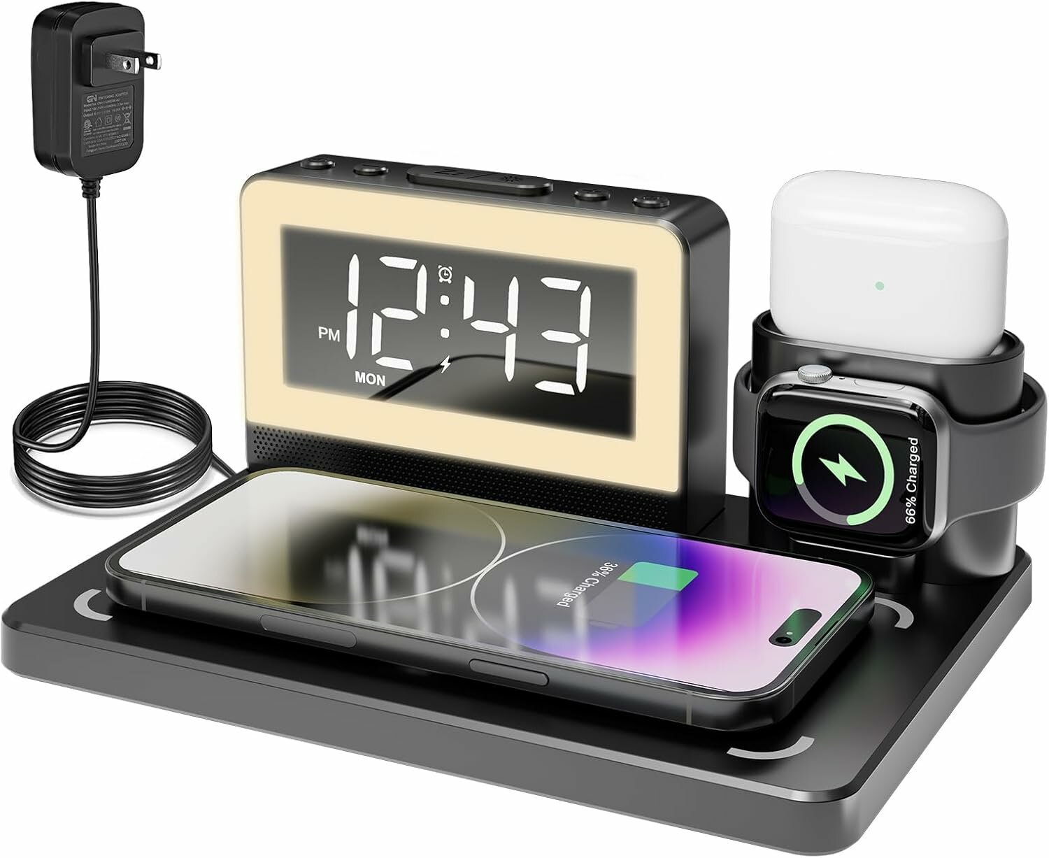 Multifunctional Wireless Charger: 15W Fast Charging Power Alarm Clock - Customizable Seven-Color Night Light Desk Organizer for Bedside Home Office
