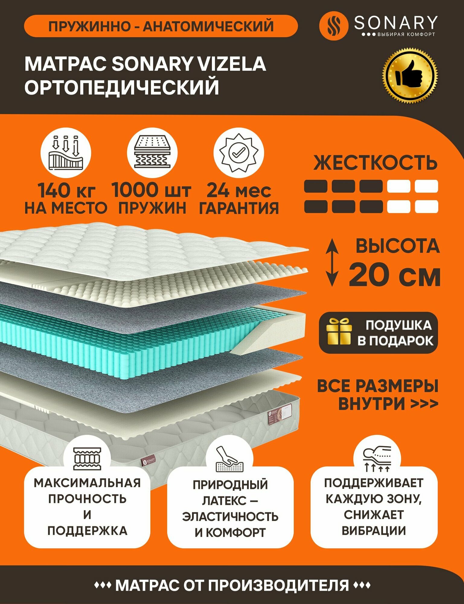 Матрас Sonary Vizela 140х185 серии Relax высота 20 см анатомический средней жесткости латексный Независимые пружины