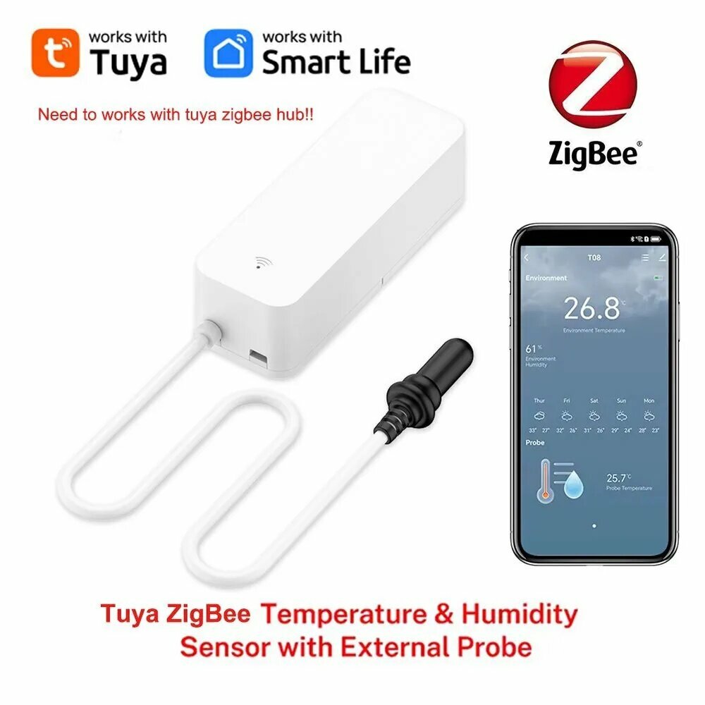 Умный Zigbee датчик температуры и влажности с внешним зондом