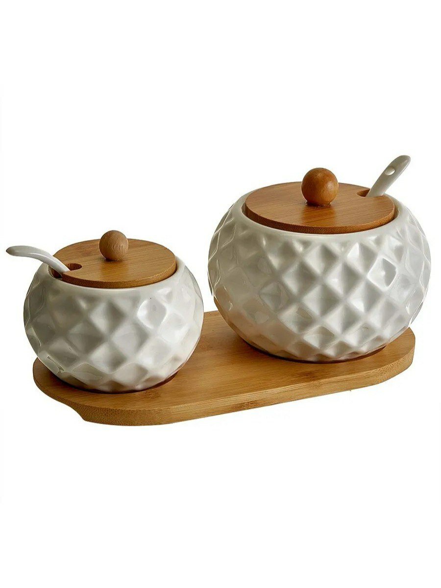 Сахарница Alpenkok AK5-0010, 250 мл и 450 мл, Ложки и крышки в комплекте, Бамбуковая подставка, Белая