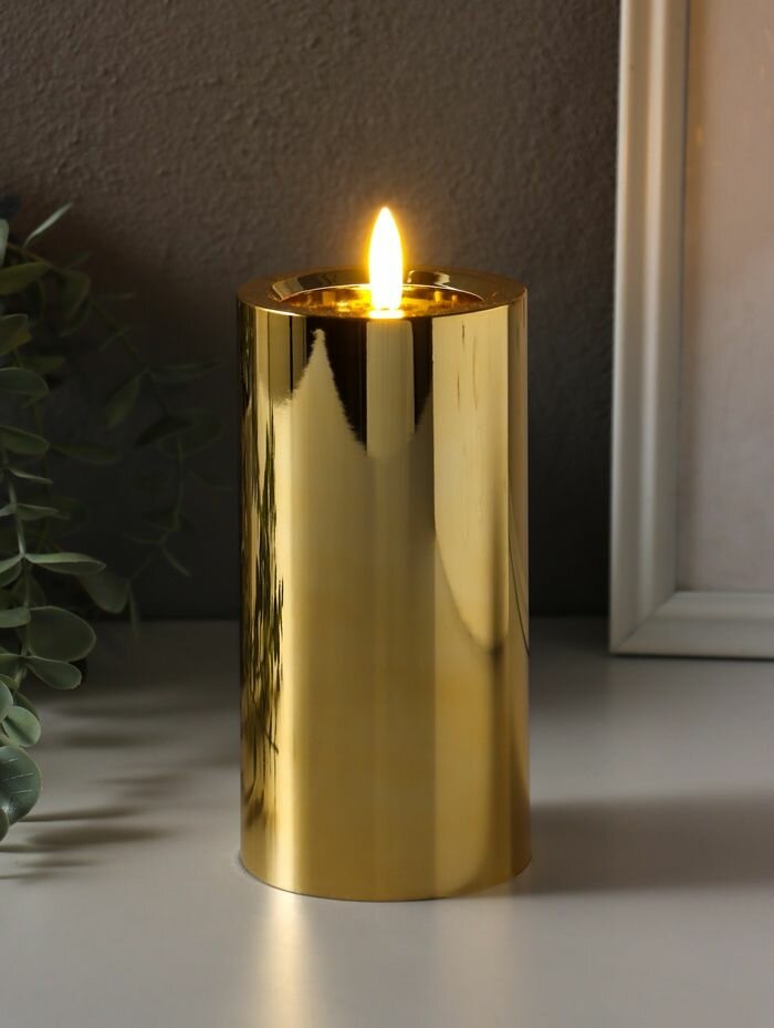 Светодиодная свеча LED - ночник RISALUX Столбик. Глянец , от батареек 3 АА, золото, мерцающая 7.5 7.5 12 см