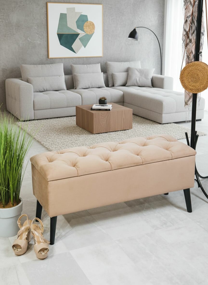 Банкетка с ящиком, велюровая обивка, ЛДСП, ножки, цвет капучино/черный