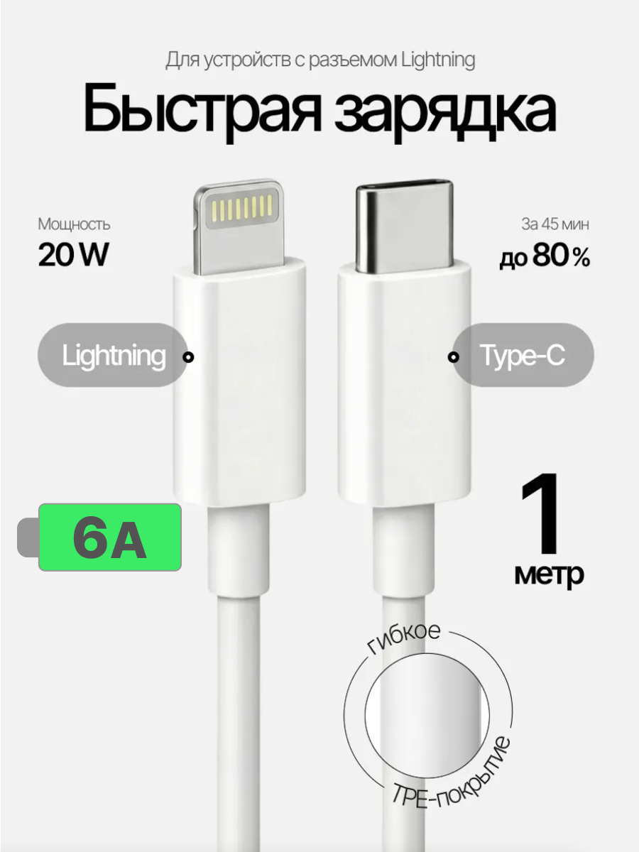 Кабель для Айфона, провод Type C Lightning, быстрая зарядка для айфона