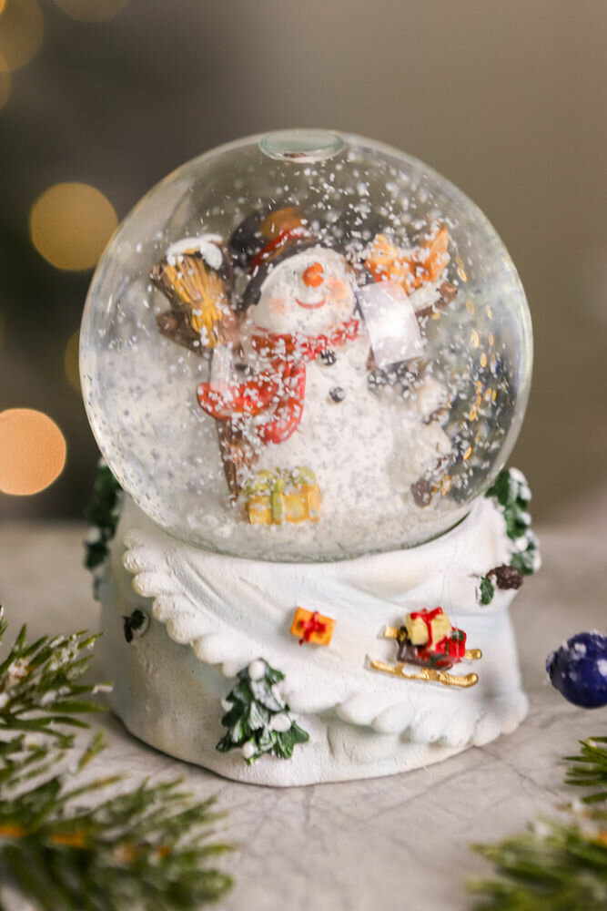 Снежный шар снеговик С птенчиком, полистоун, стекло, 9 см, Sigro 50-2113