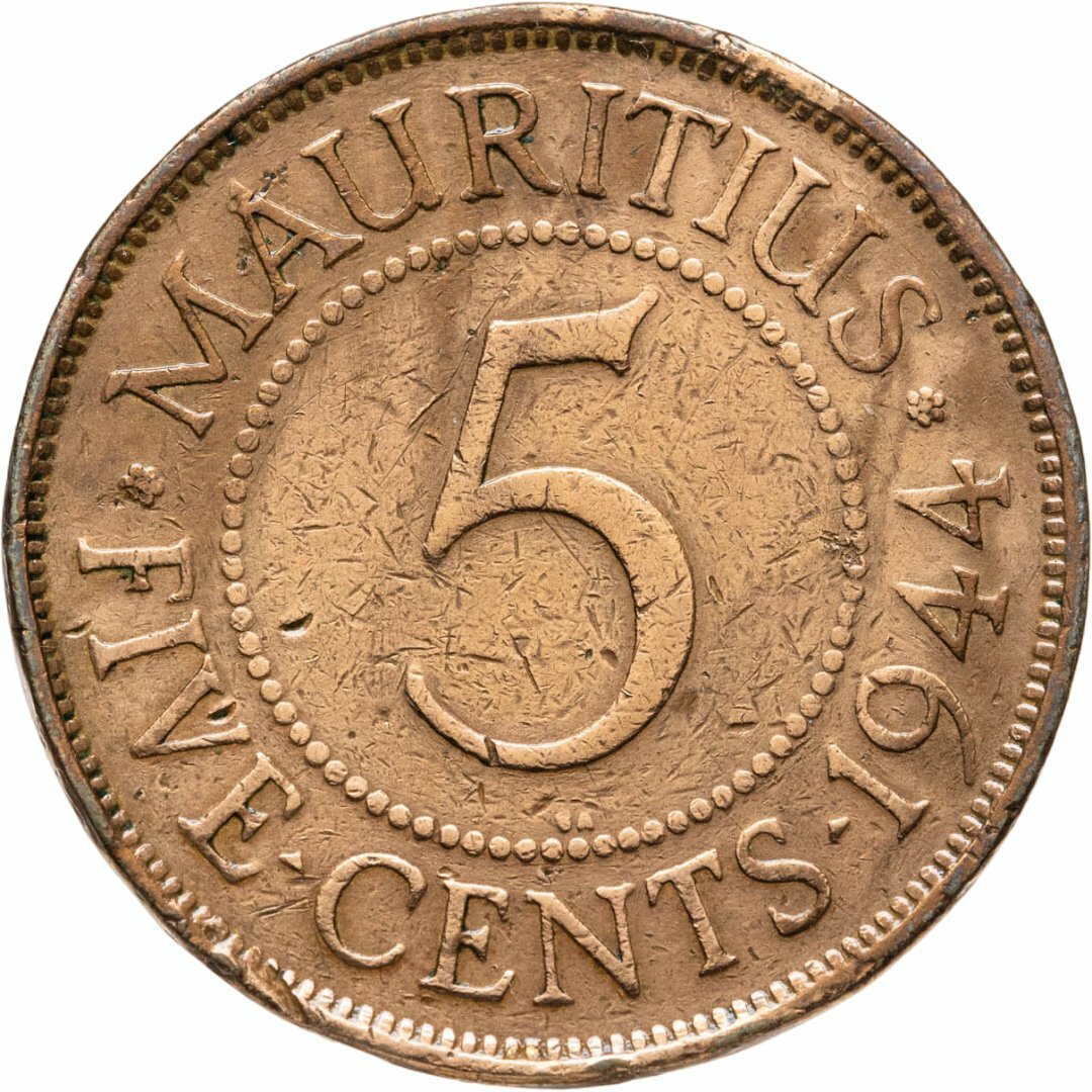 Маврикий Британский 5 центов cents 1944, Бронза, в сохранности F-VF