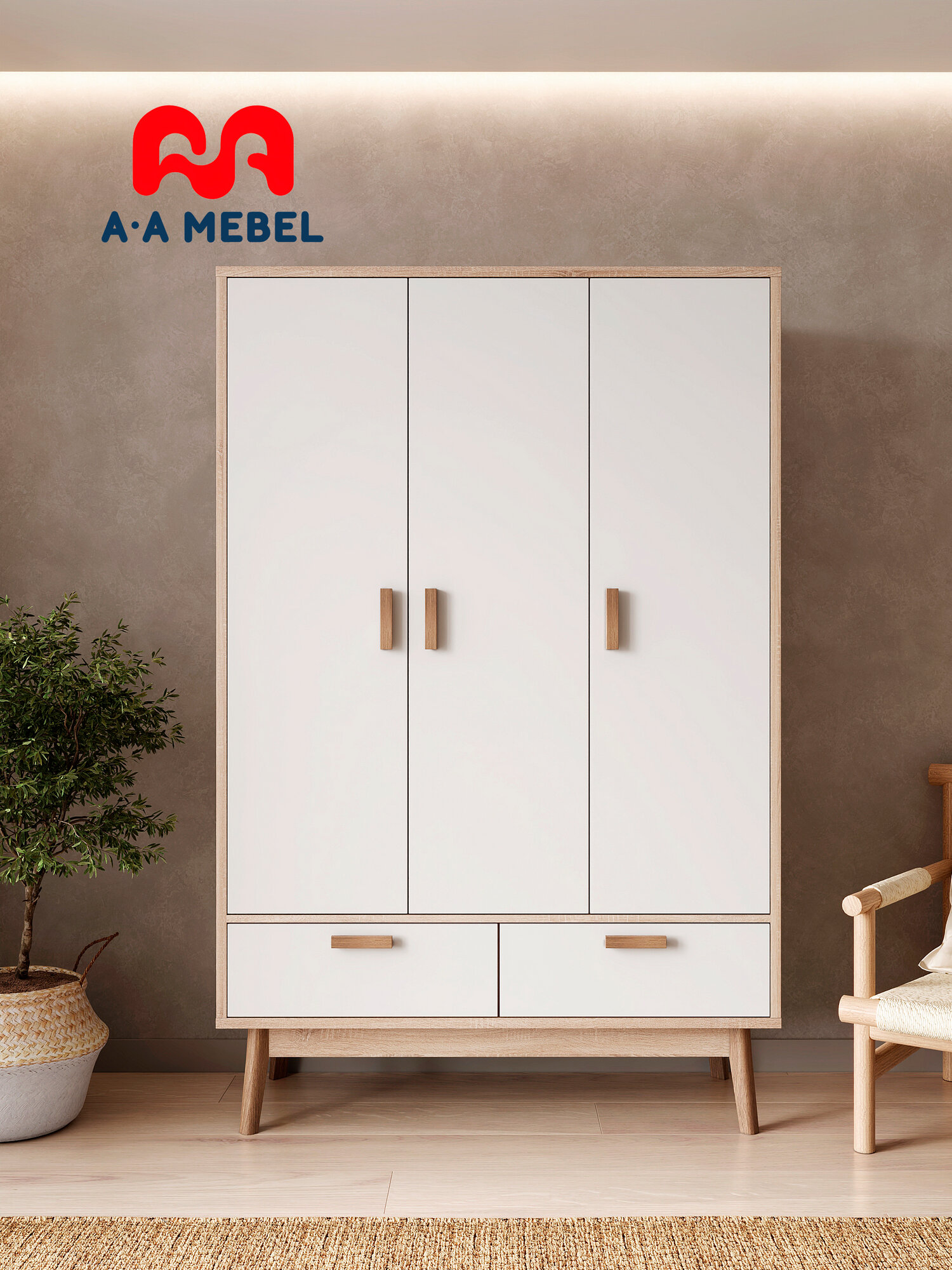 Шкаф на ножках A-A MEBEL Лахти трехстворчатый с полками, штангой и ящиками скандинавский стиль белый 120*50*18