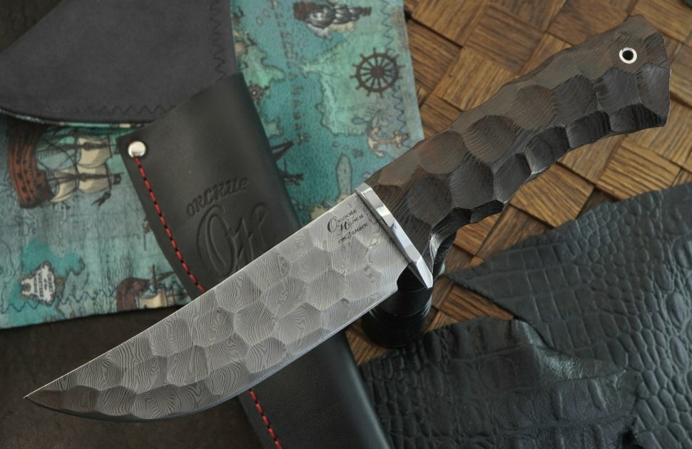 Окские Ножи нож Амур 2, клинок дамаск, битый камень, рукоять стабилизированное дерево