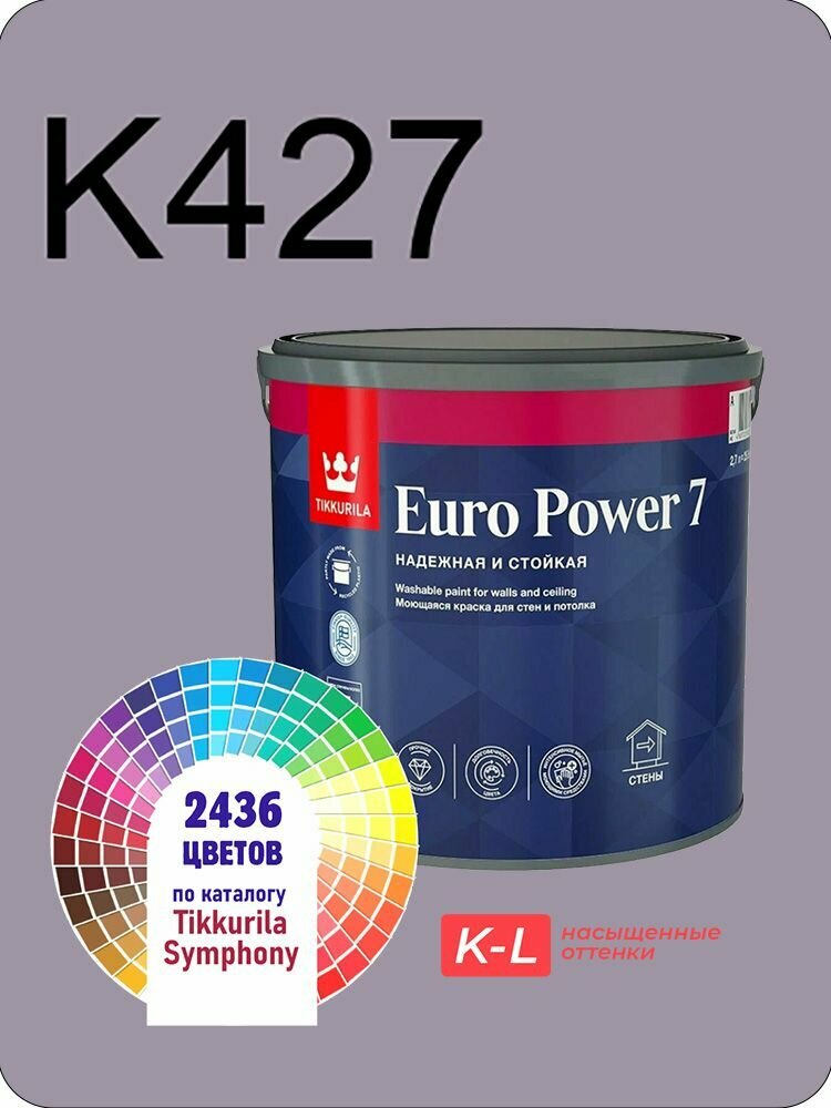 Краска для стен и потолков Tikkurila Euro Power 7 2,7л.2,7л. насыщенные оттенки K427