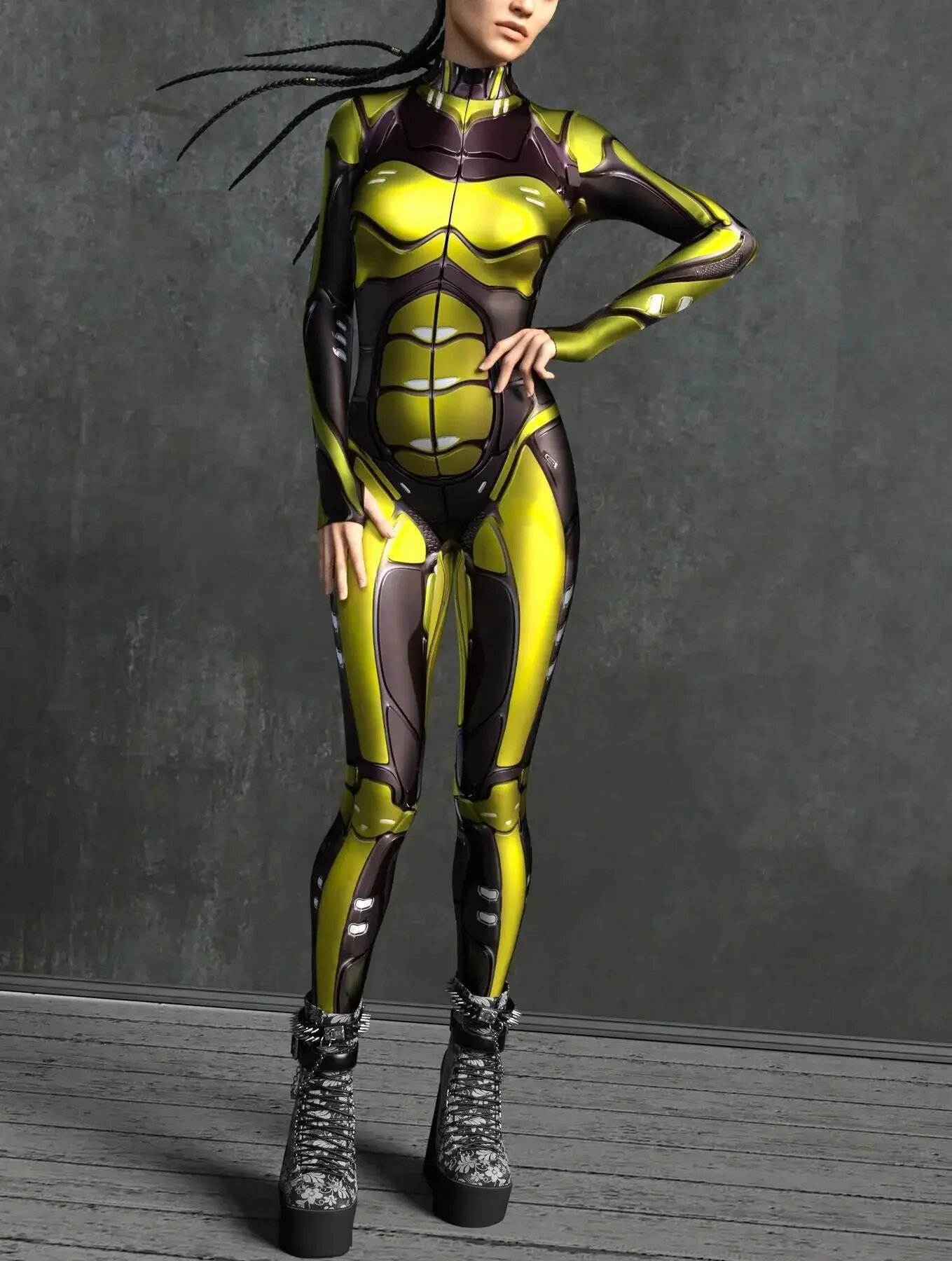 Женский механический панк-костюм 3D-печать Желтый, S, Jumpsuit 02
