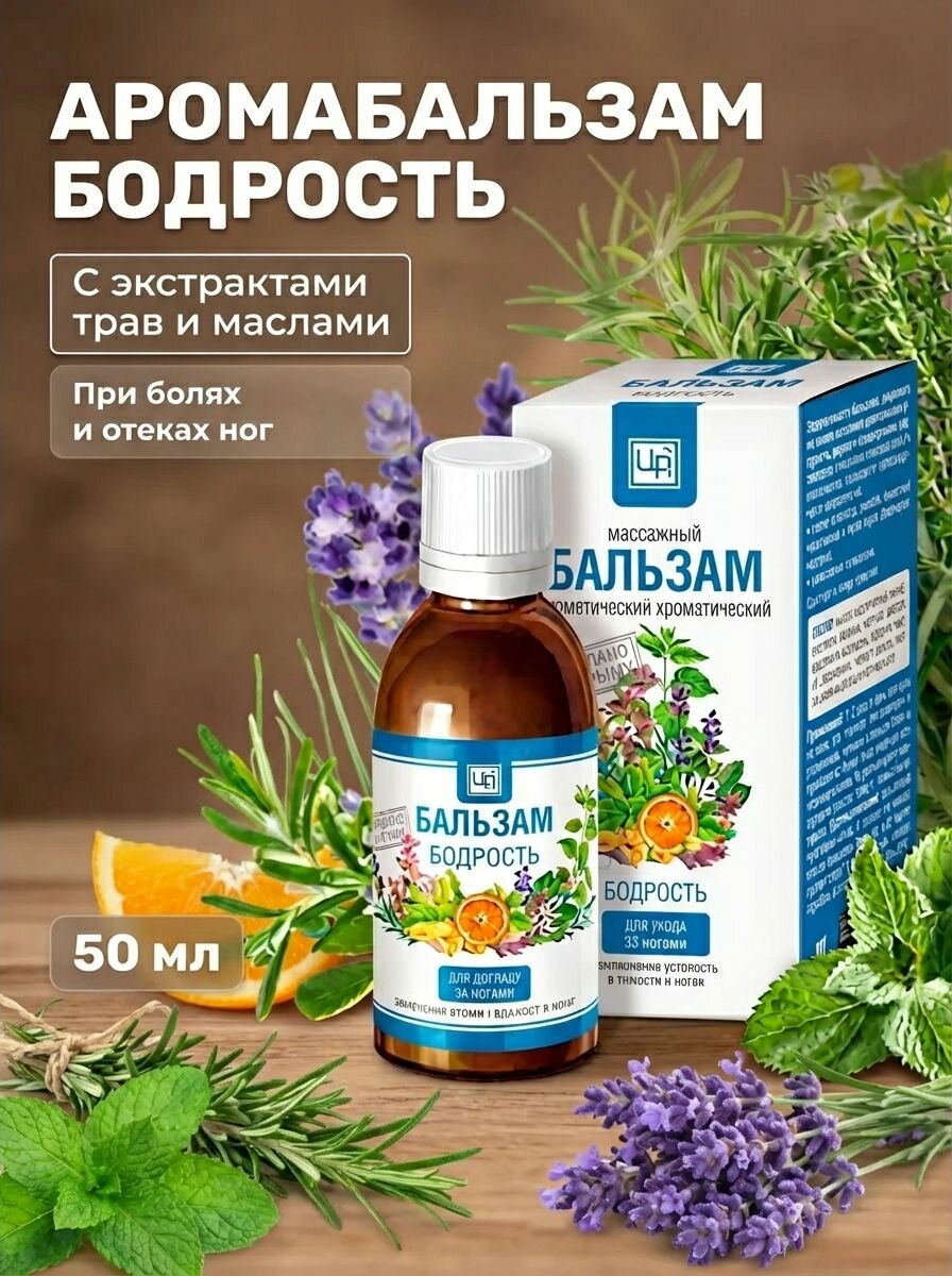 Аромабальзам "Бодрость" для ухода за ногами при болях и отеках, снимает усталость, от трещин и натоптышей, 50 мл