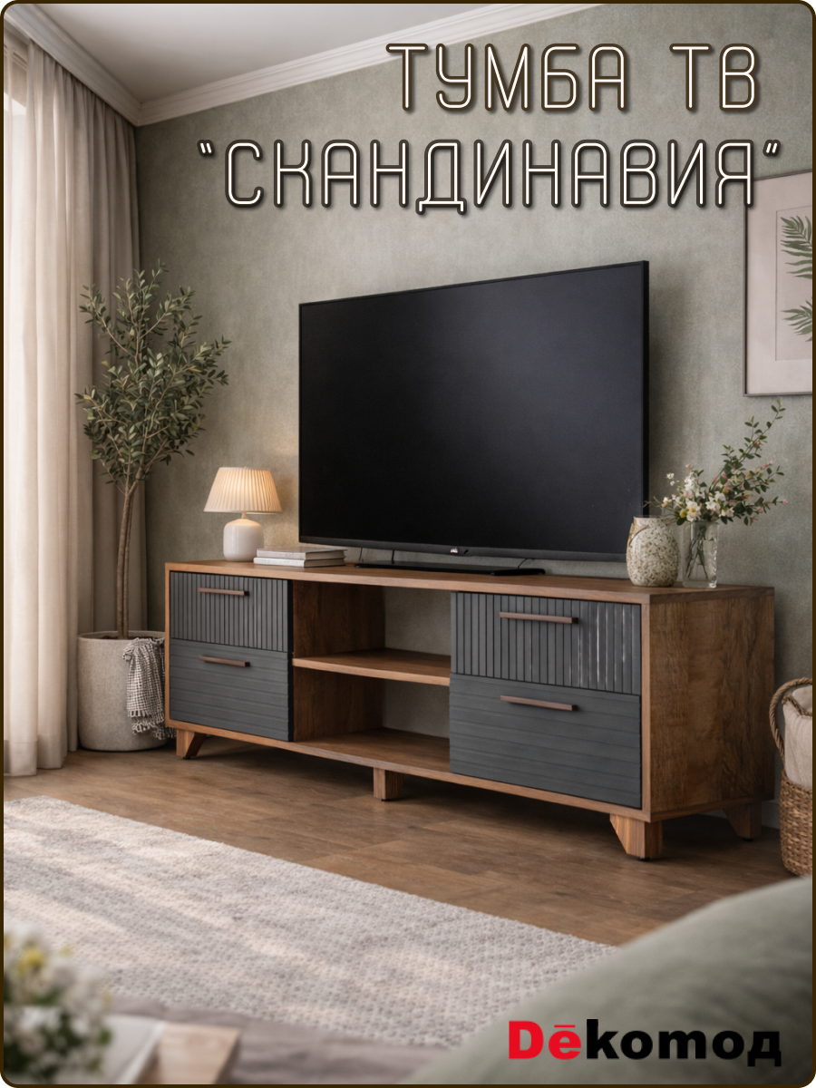 Тумба под телевизор Скандинавия с выдвижными ящиками и полками напольная, корпусная для ТВ из ЛДСП и МДФ, 1500х500х40мм