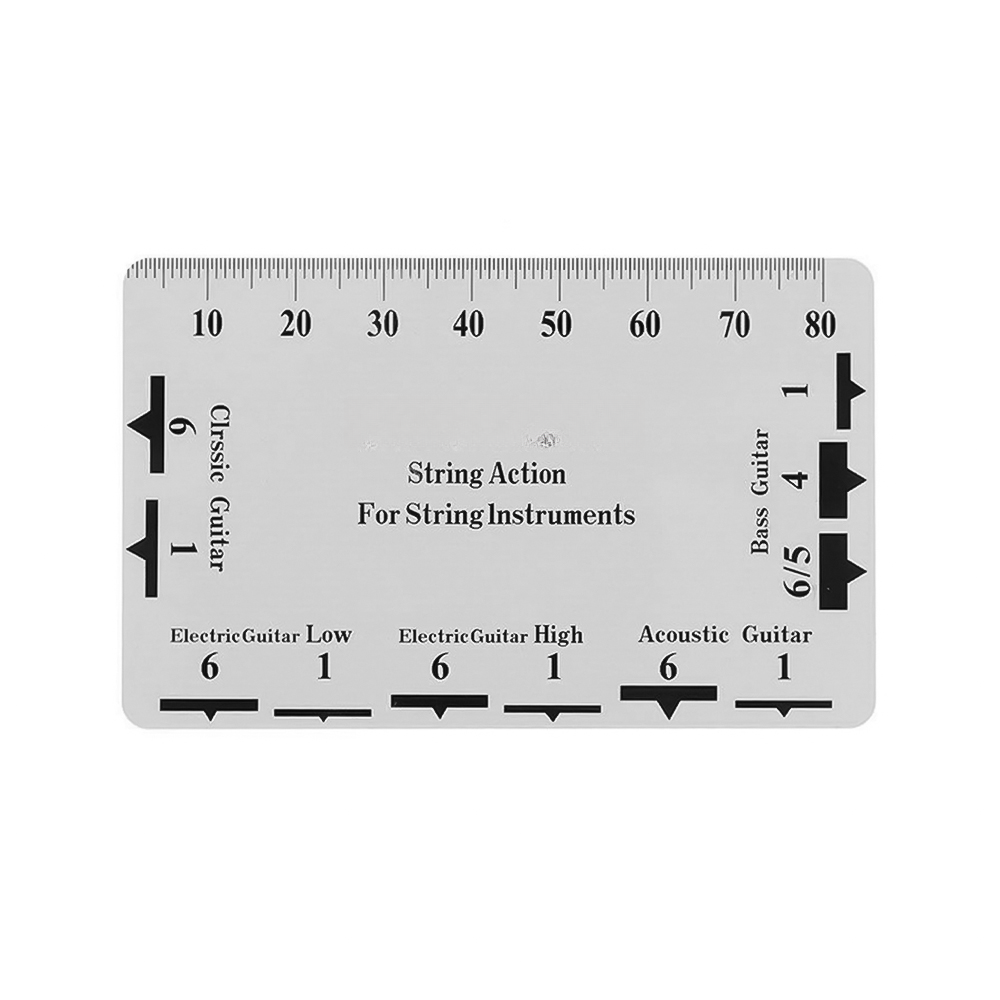 Линейка для измерения строп String Pitch Ruler для классической, электрогитары, акустической гитары, баса, материал синтетический пластик, размер 8.5*5.4*0.1 см, вес 5 г, упаковка 12*8*0.2 см, вес упаковки 7 г, содержит 80мм шкалу, измеряет ширину грифа