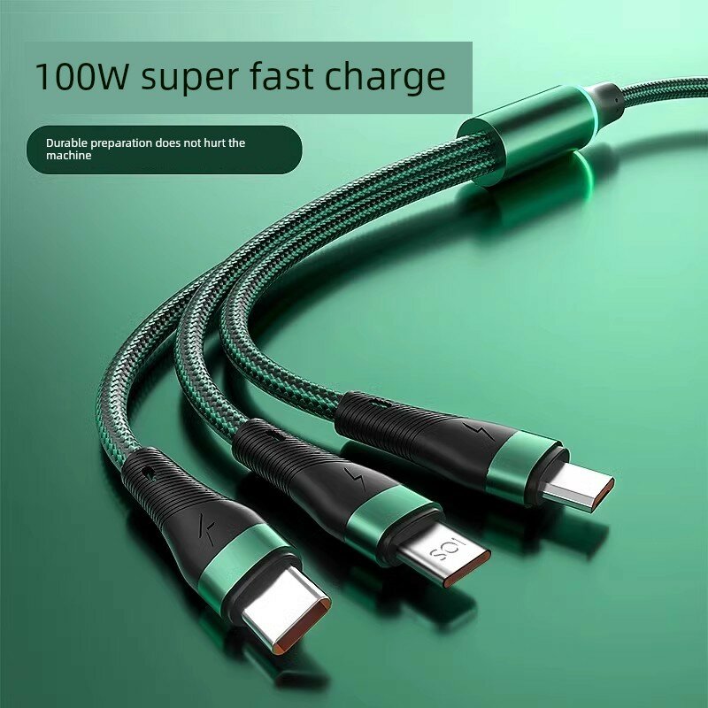 Набор 3 в 1 с зарядкой 100 Вт, зеленый кабель с подсветкой, 2.0 м, 1 шт. для iPhone и Android