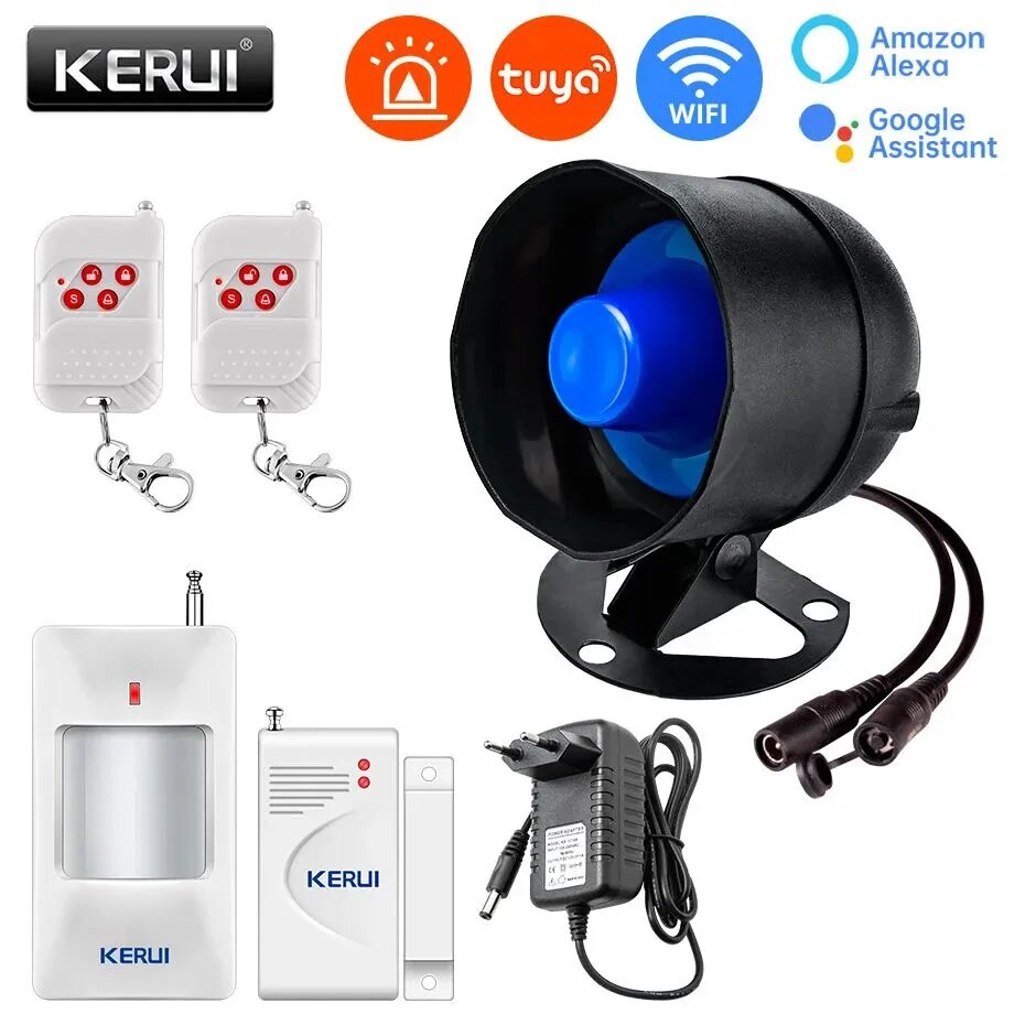 Комплект охранной сигнализации KERUI WIFI Сирена с инфракрасным детектором движения, дверной датчик 120 дБ для дома