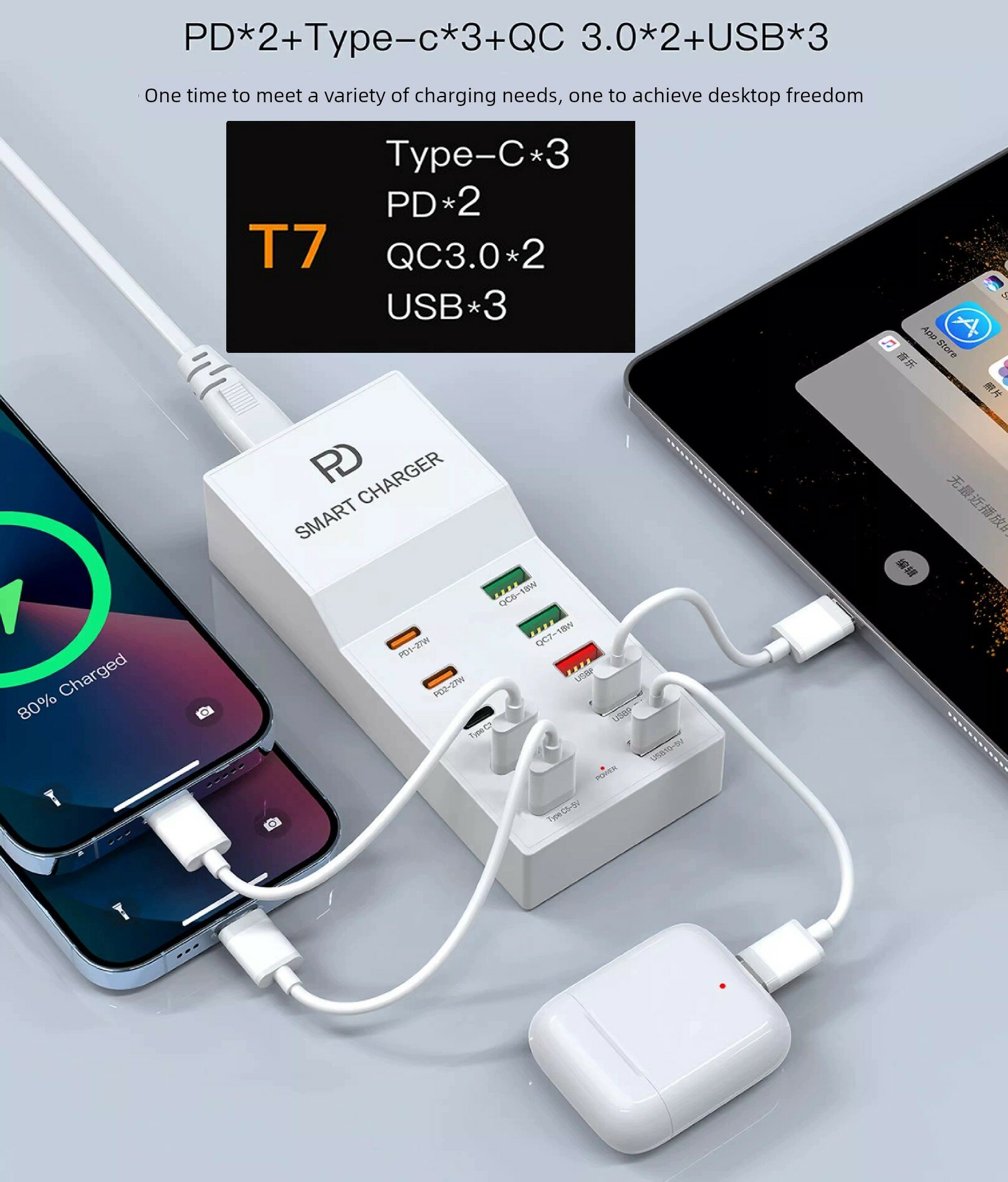 10-портовый USB-адаптер с USB и PD портами, высокоскоростная зарядка для планшетов