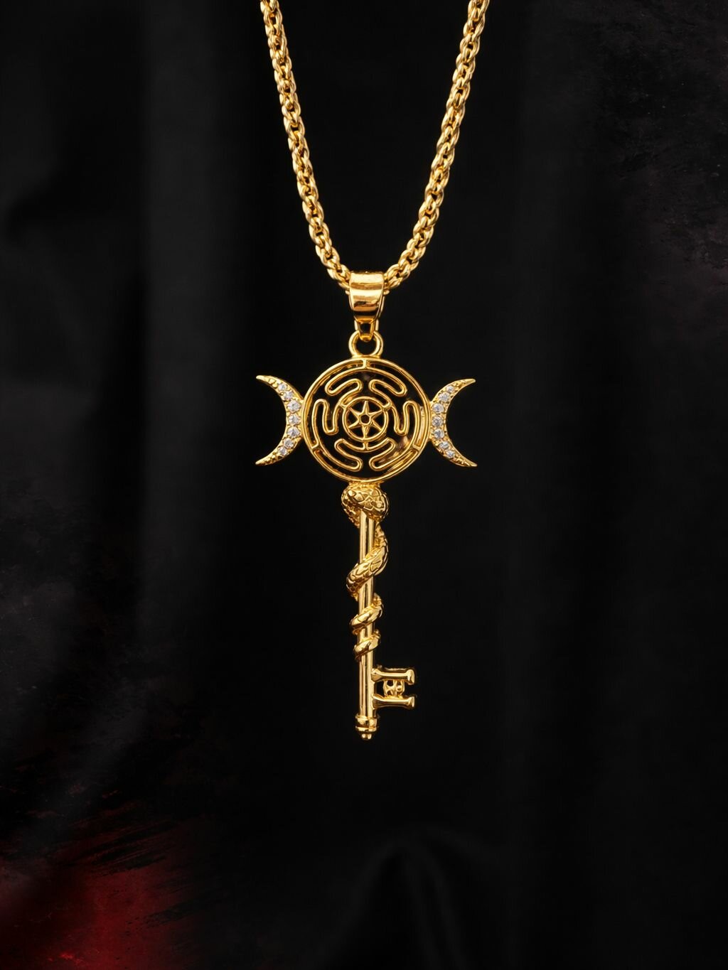 Золотой ключ Гекаты со Змеей - стальной кулон на цепочке