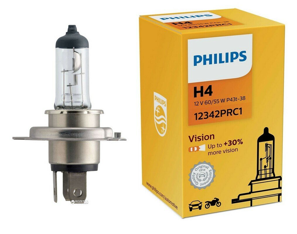 Лампа H4 12V 60/55W P43t +30% Vision / Philips / 12342PRC1