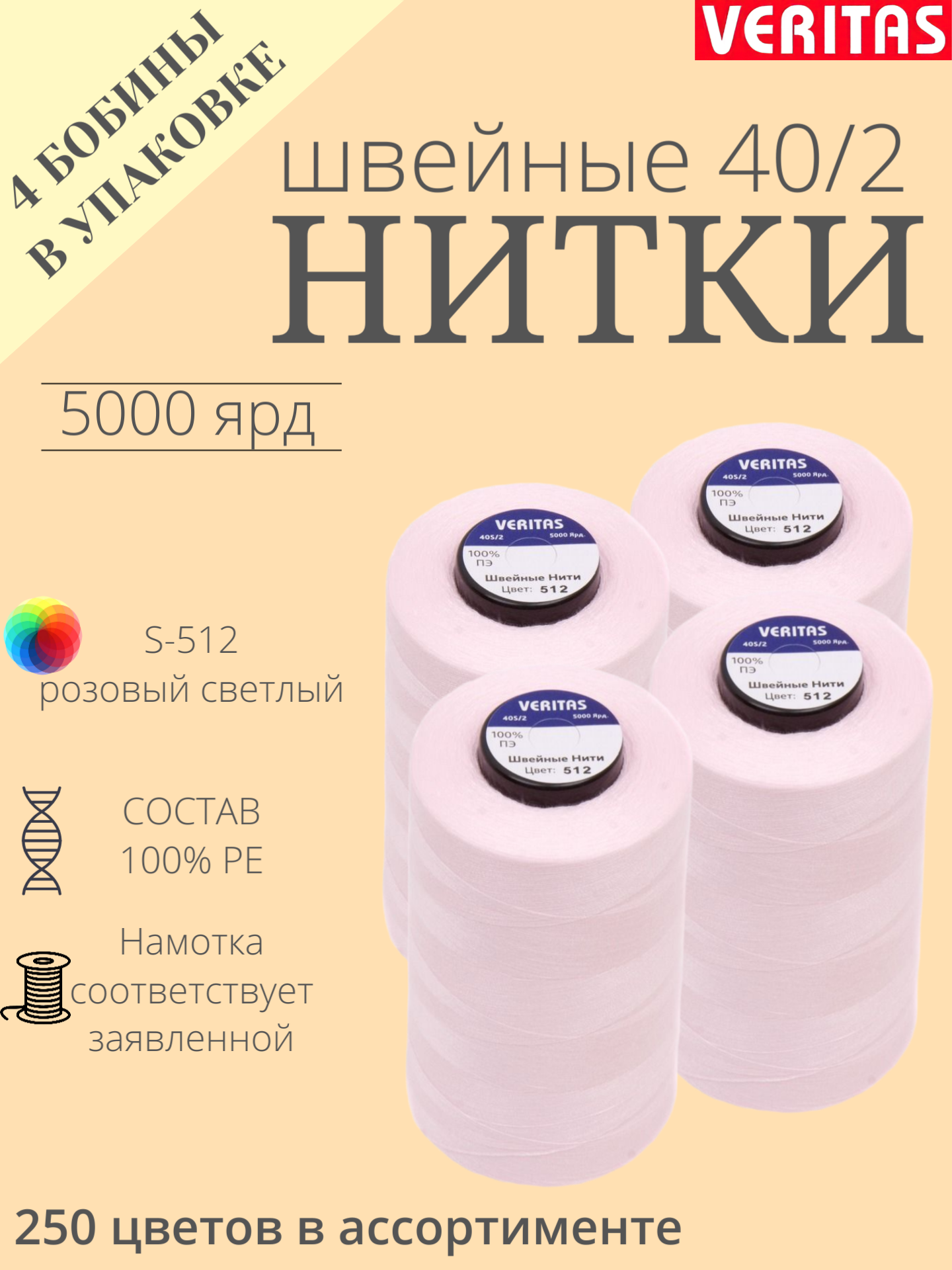 Нитки швейные 40/2 набор 4 бобины VERITAS S-512, намотка 5000ярд