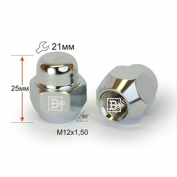Гайка колёсная М12х1.5, конус, высота 25-27 мм, ключ 21, хром, аналог Kia 52950-14140, 52950-M1000, Mazda B00237160B, Mitsubishi MR910032