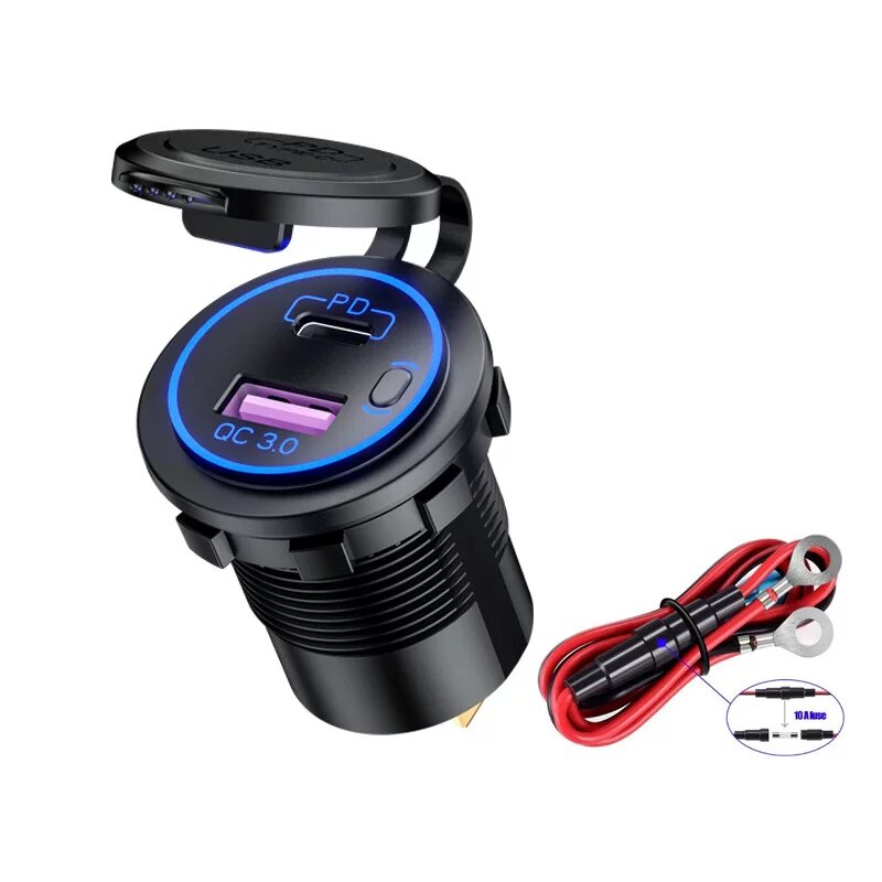 Автомобильное зарядное устройство с быстрым зарядом QC3.0 и PD, синий светодиод, в комплекте кабель 60 см, входное
