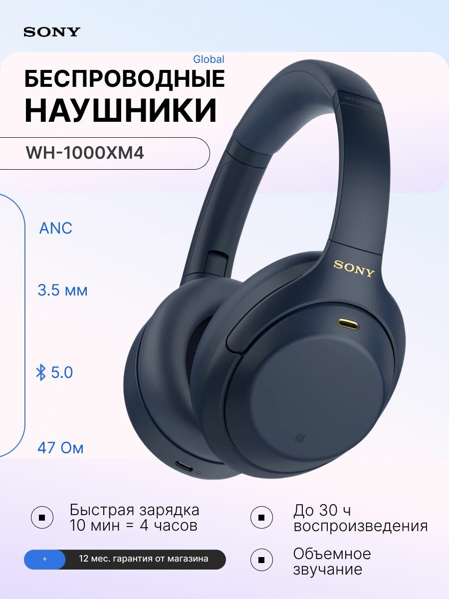 Беспроводные наушники Sony WH-1000XM4, синий