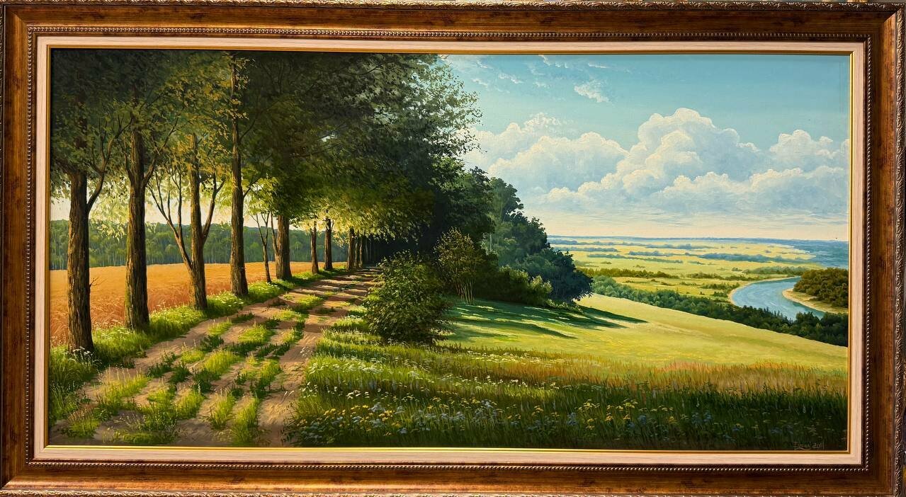 Картина маслом, летний пейзаж "Дорога вдоль реки". Холст/Масло, 2014. Размер 60х120. Автор Белохвостов Е.