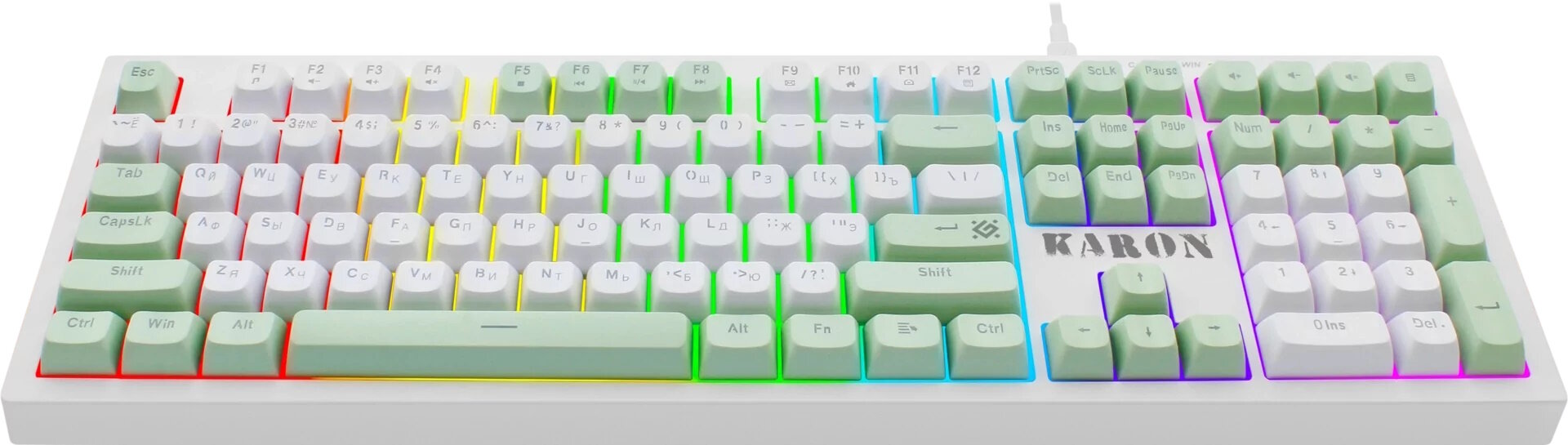 Клавиатура Defender игровая Karon GK-129 RU, бел/зел,108кн+FN, радуж,1.5м (45129)