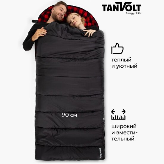 Спальный мешок-одеяло Tanvolt Camping туристический утепленный, черный (правый, молния слева)