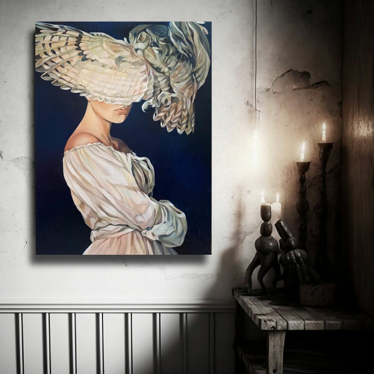 ZELYA, Интерьерная картина маслом на холсте, современное искусство "Owl girl", 60х80см, ручная работа , единственный экземпляр