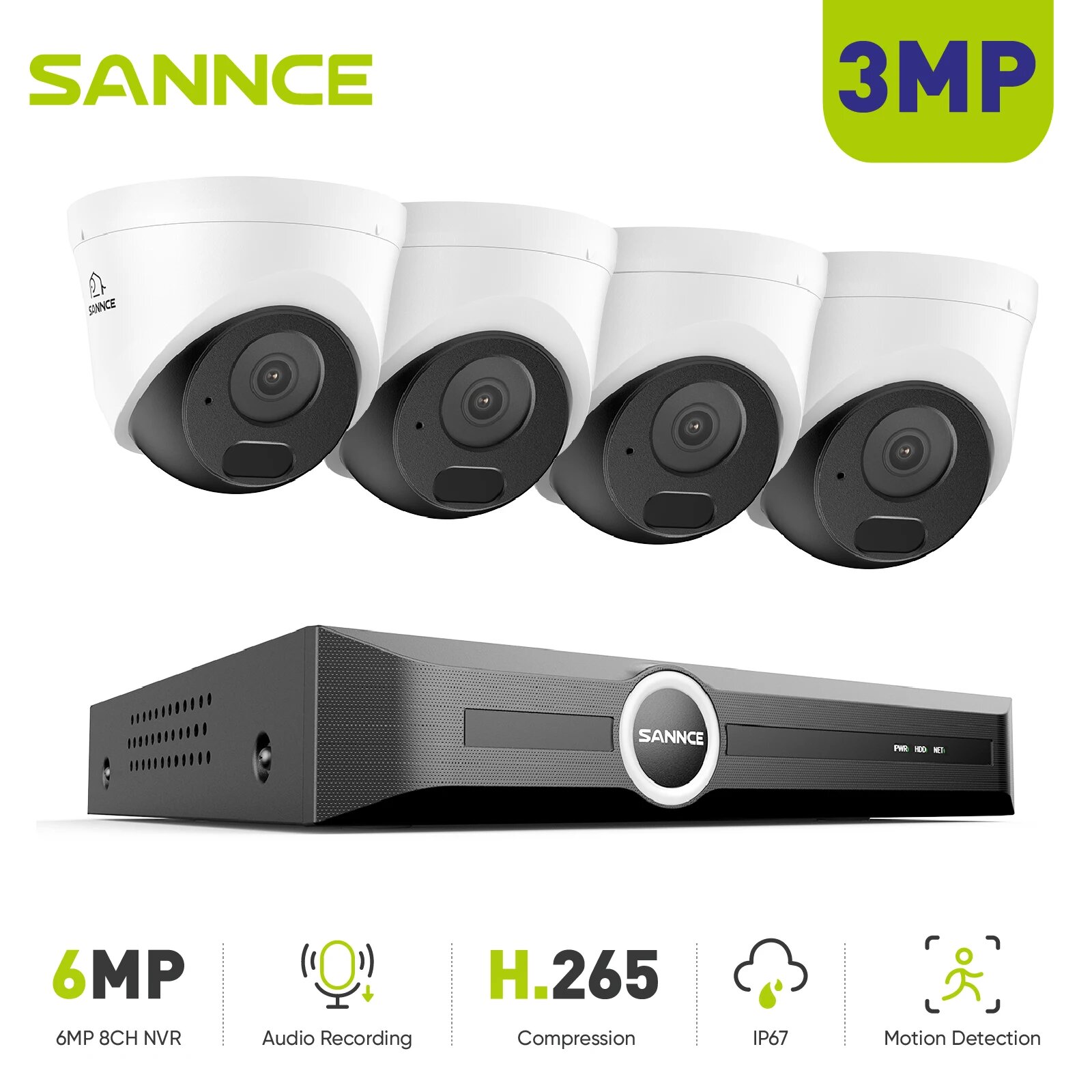 Система безопасности камер SANNCE H.265 3MP poe с 5MP 8-канальным NVR, IP-камера с аудио, для улицы, поддерживающая Onvif, ночное видение, набор систем безопасности камер