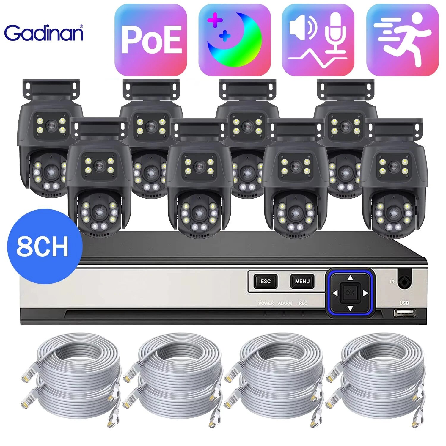 Набор для видеонаблюдения Gadinan Outdoor PTZ NVR с камерами безопасности 6MP POE с двойными объективами и двухсторонней аудиосистемой