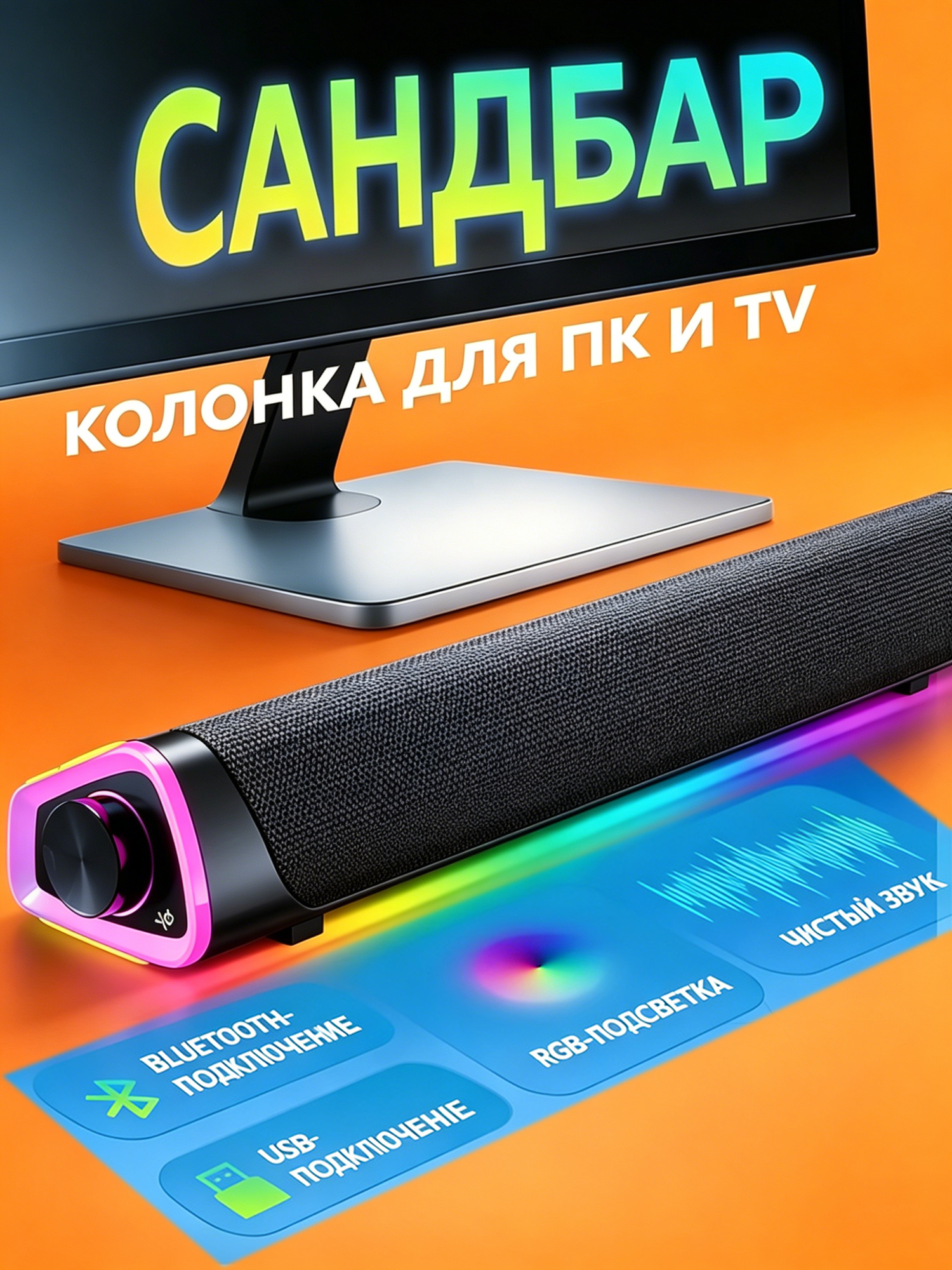 Звуковая панель, с подсветкой, 6Вт, для ПК/ноутбука/телевизора